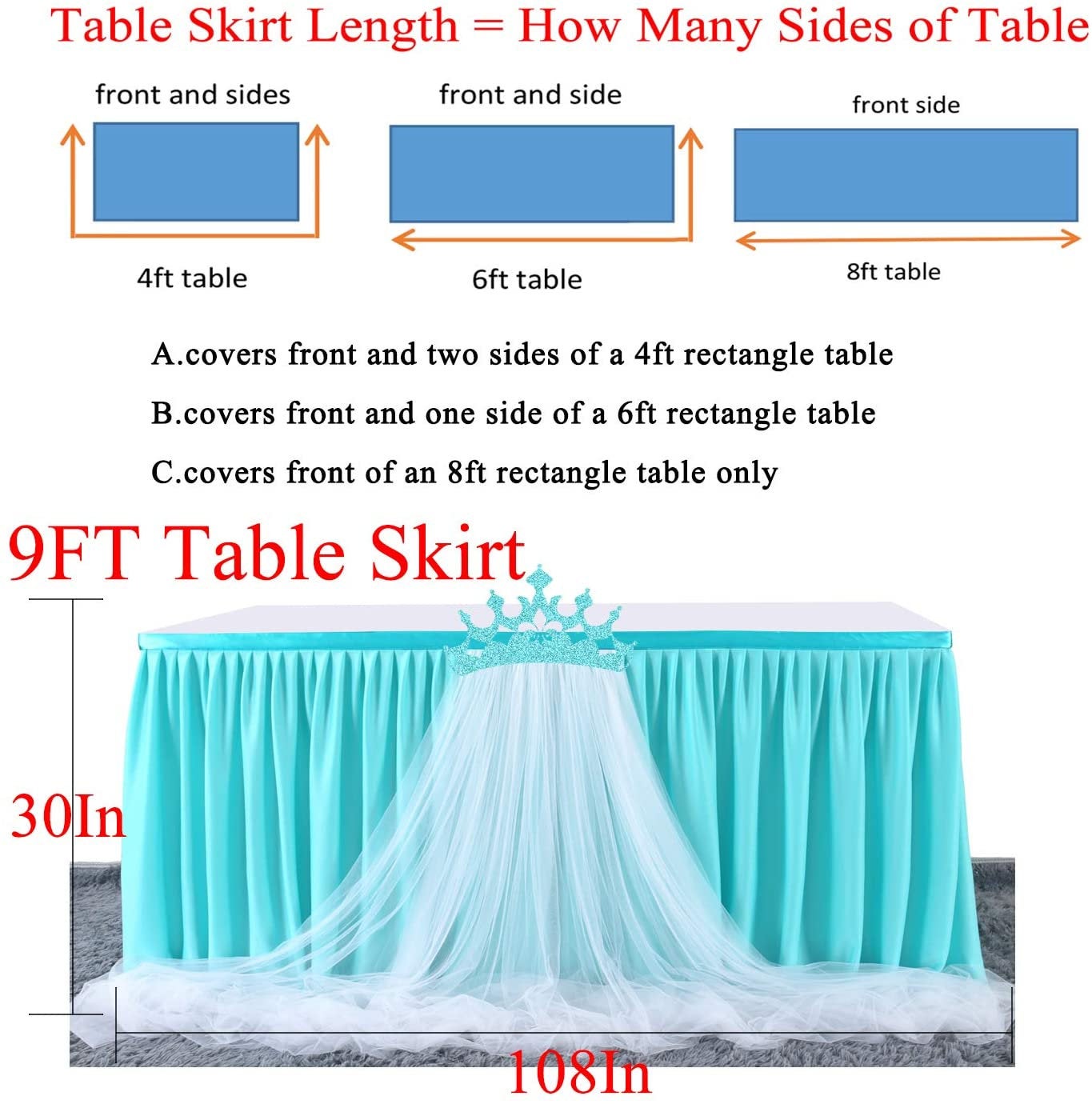 6FT Blue Table Skirt Tulle Table Skirting with Crown Tutu Rectangle...
